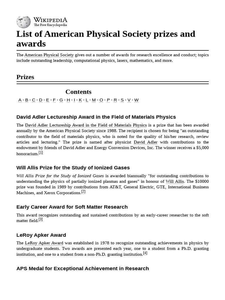 American Physical Society Awards List | PDF | Physics | Andrei Sakharov