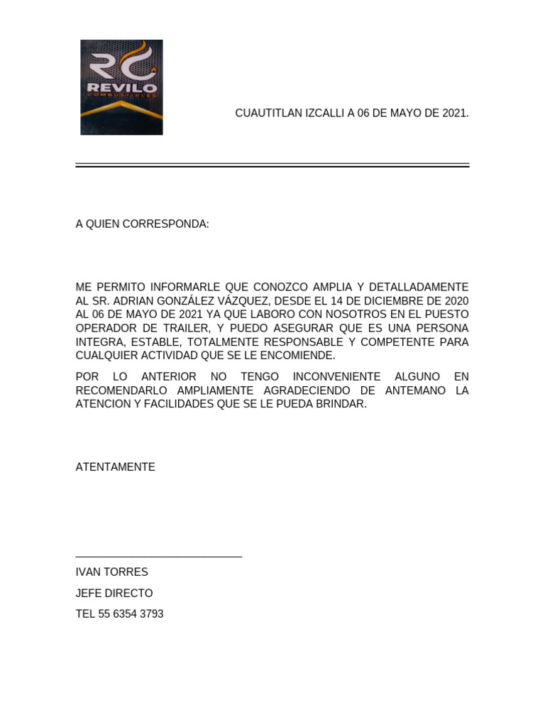 Machote Carta Recomendacion Laboral | PDF