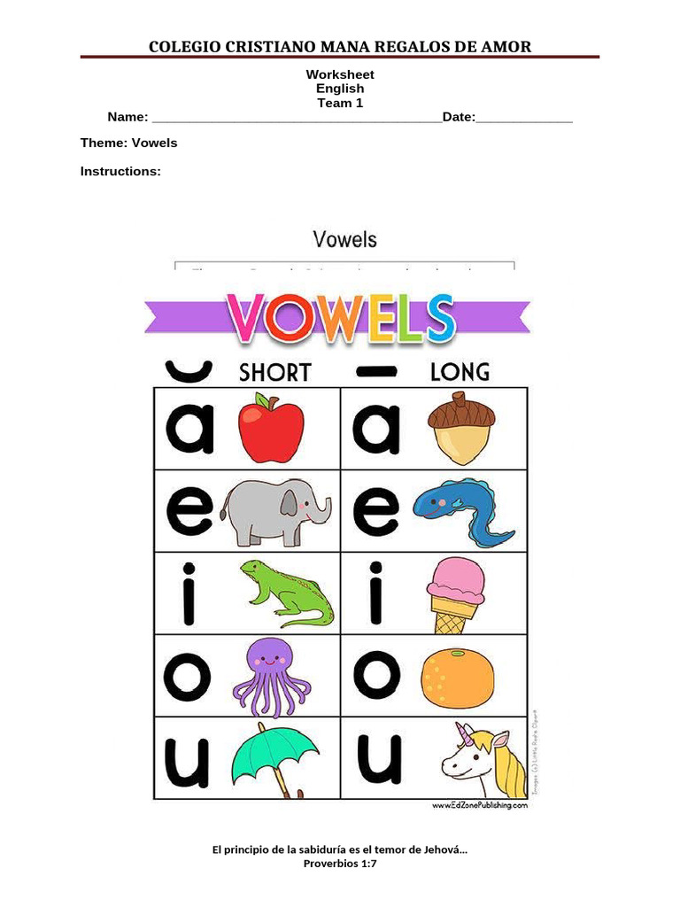 Vowels Worksheet - Colegio Cristiano Mana | PDF