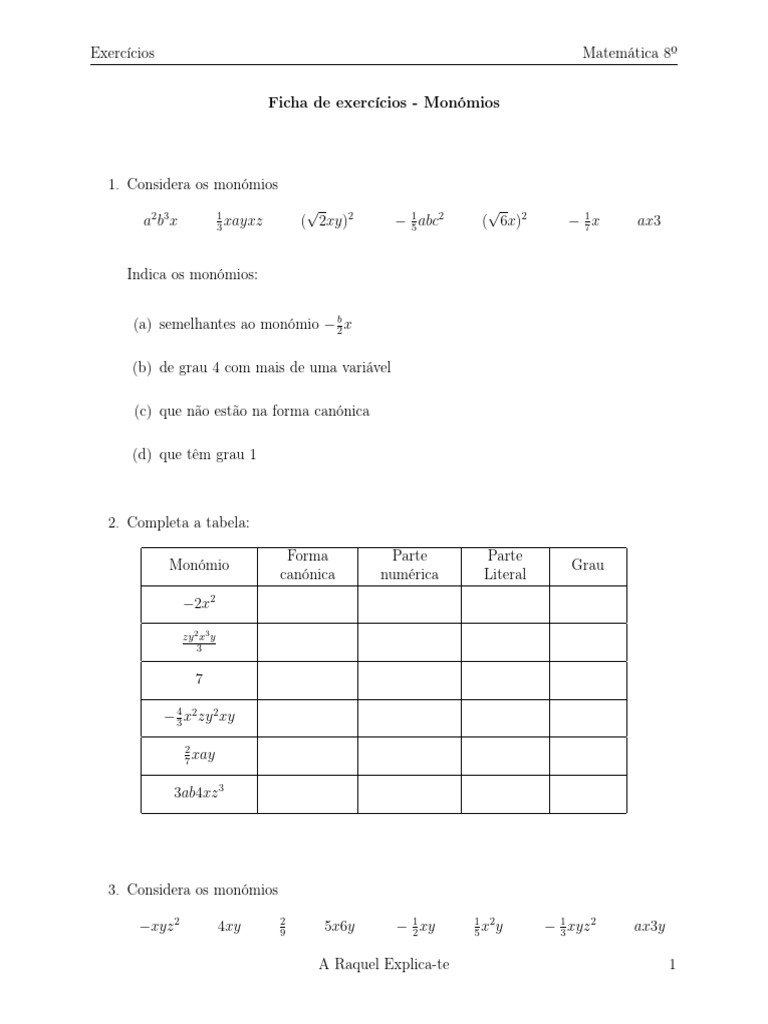 Ficha_Monomios_8o | PDF | Álgebra | Matemática