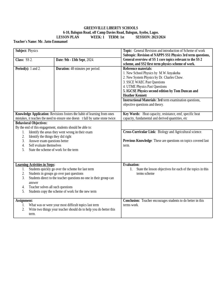 Physics S2 WK 1 First Term | PDF | Physics | Force
