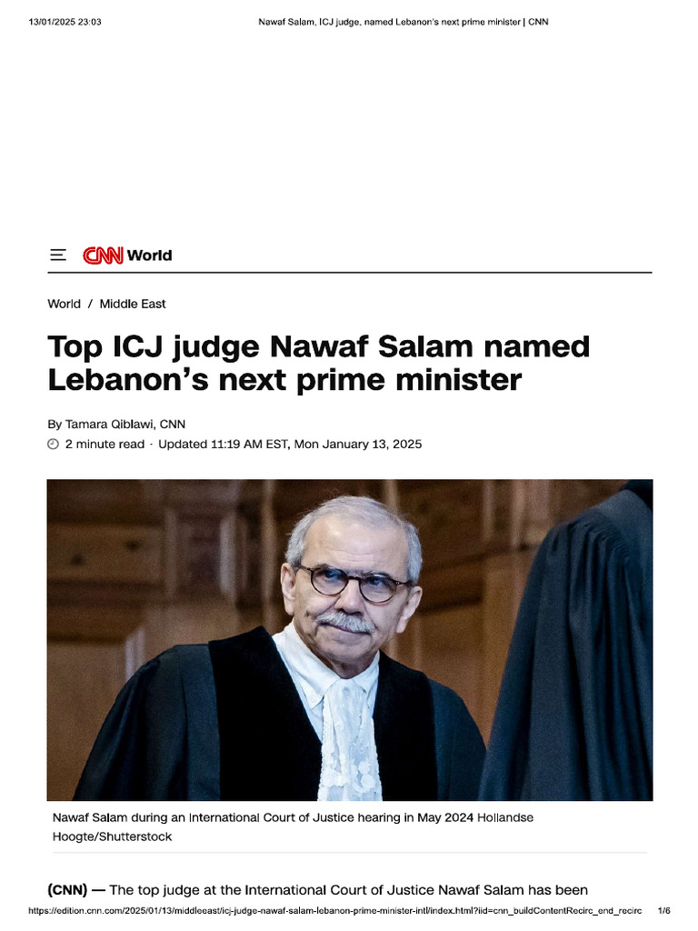 Nawaf Salam, ICJ Judge, Named Lebanon's Next Prime Minister - CNN | PDF