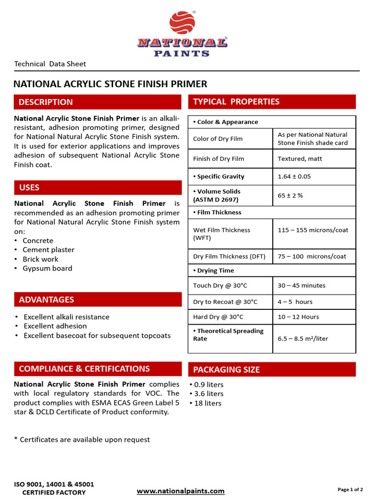 National Acrylic Stone Finish Primer Data | PDF | Paint | Acrylic Paint
