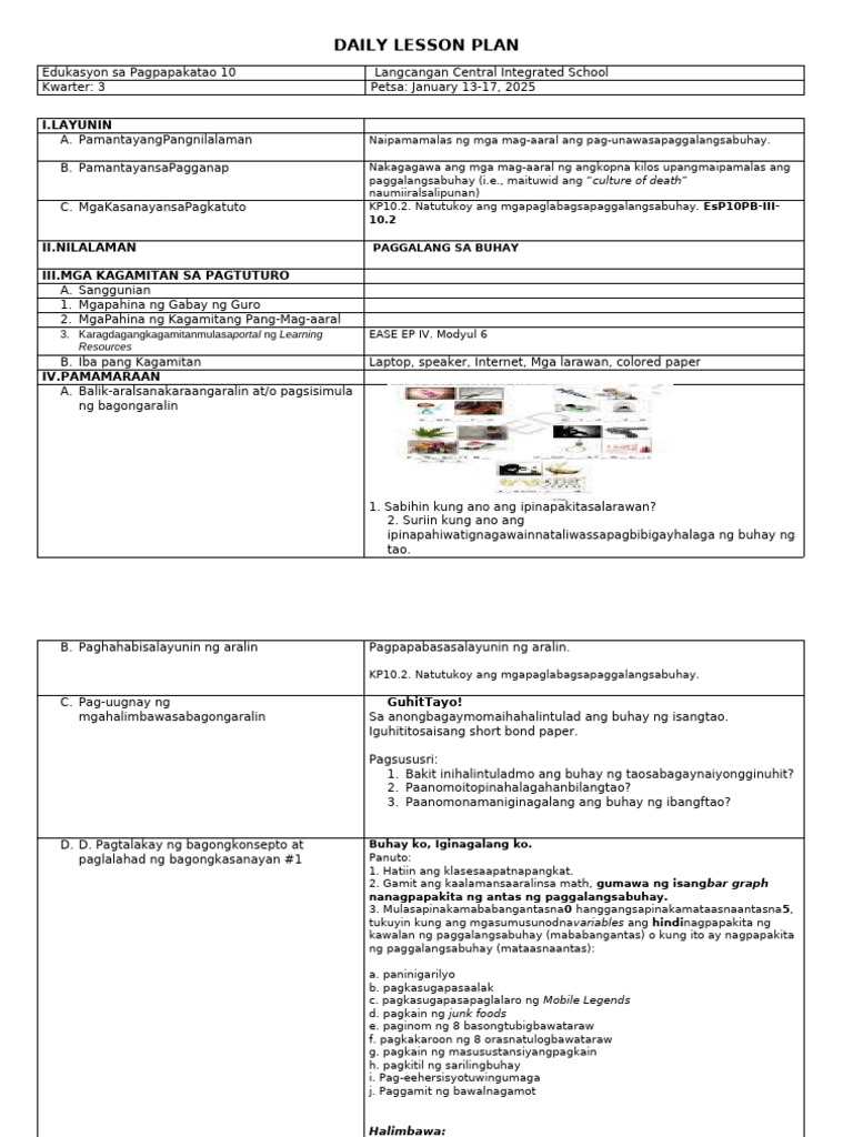 523645850-DAILY-LESSON-PLAN-ESP-10-PAGGALANG-SA-BUHAY | PDF 523645850-DAILY-LESSON-PLAN-ESP-10-PAGGALANG-SA-BUHAY | PDF