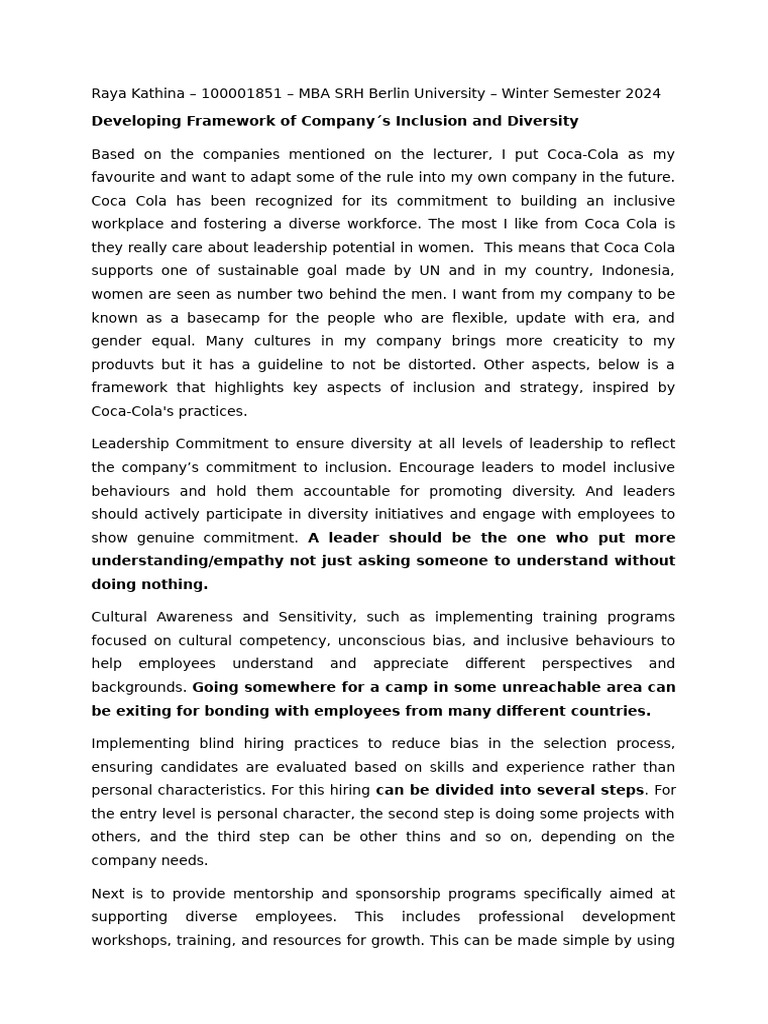 Developing Framework of Company S Inclusion and Diversity | PDF ...