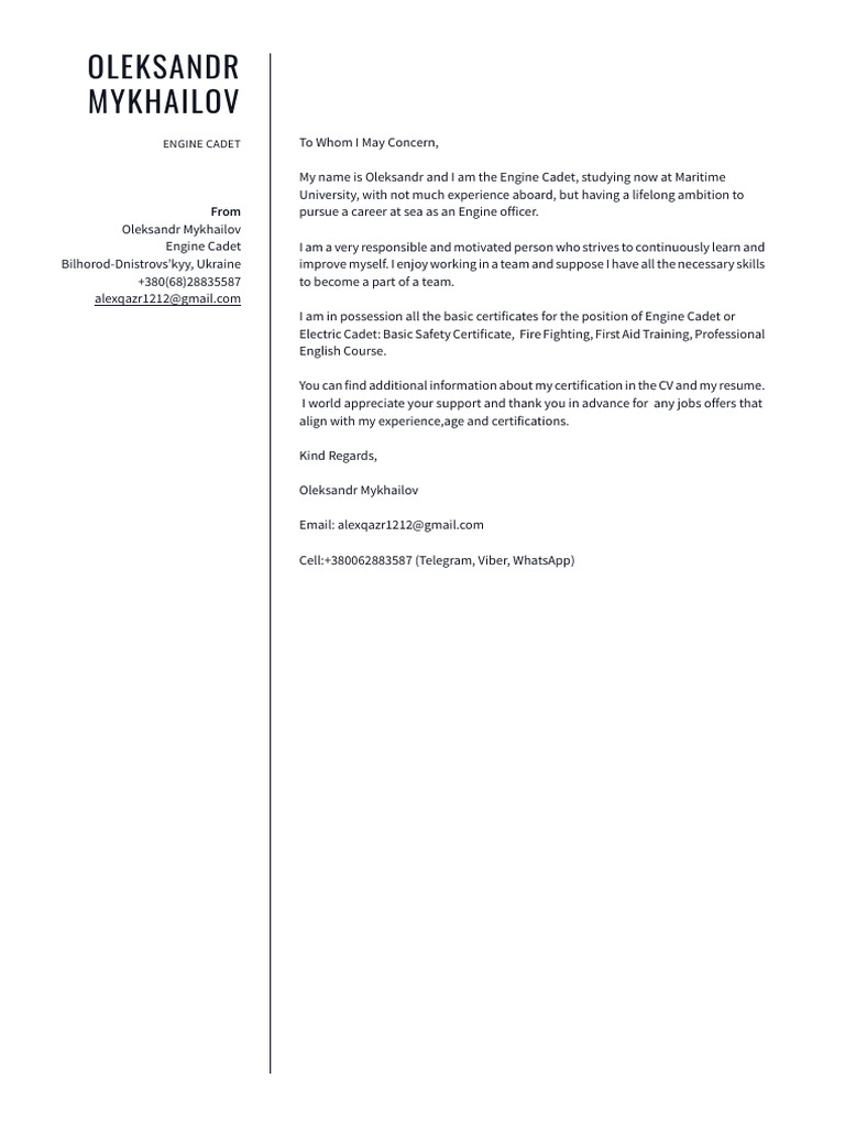 Oleksandr Mykhailov - Cover Letter | PDF