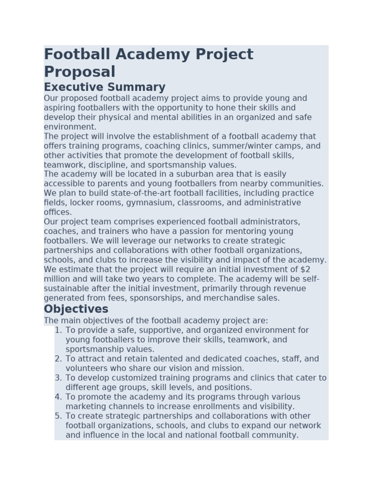Football Academy Project Proposal | PDF | Revenue | Expense