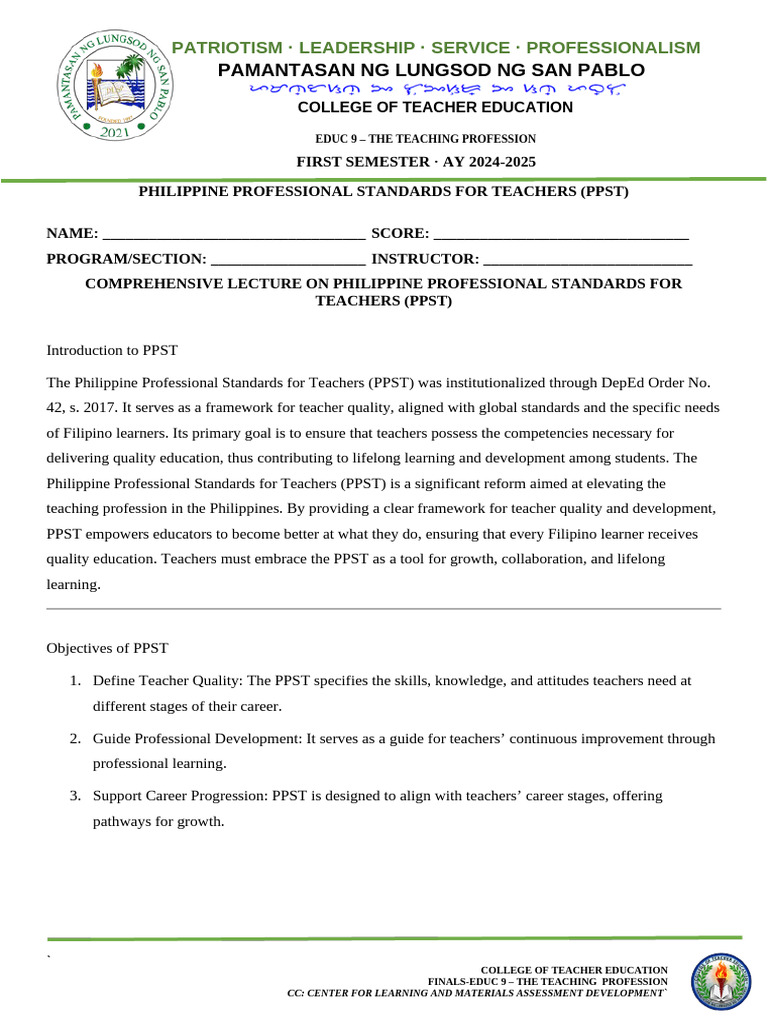 Lecture PPST Deped Order 42 S. 2017 | PDF | Teachers | Learning