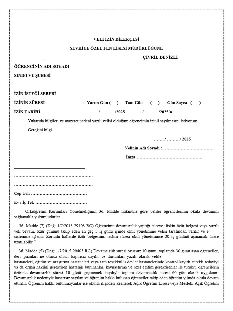 Veli̇ İzi̇n Di̇lekçesi̇-1 | PDF