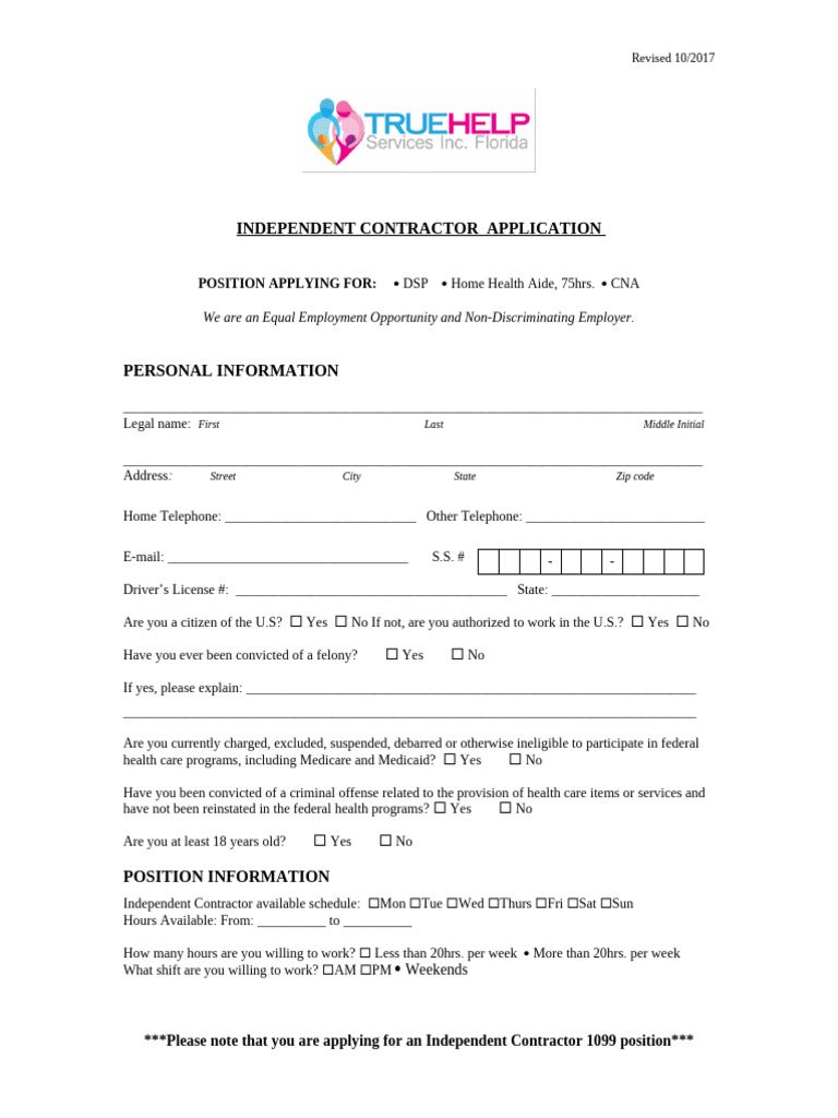 Independent Contractor Application Form | PDF | Employment | Temporary Work