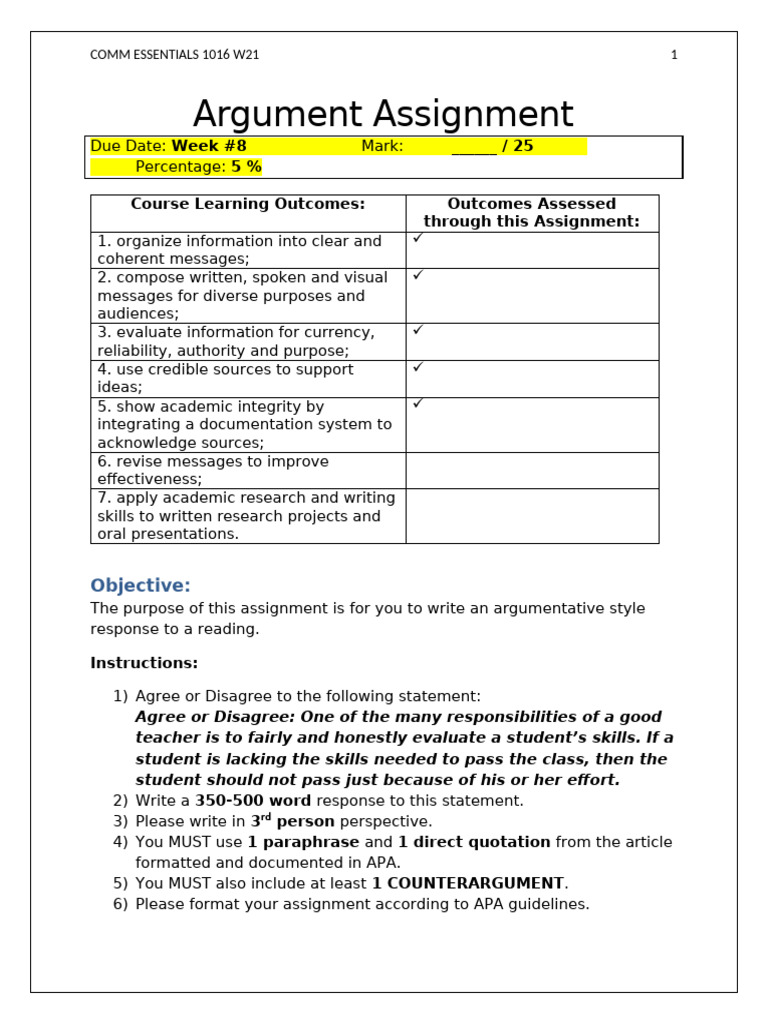 Argument Assignment Instructions | PDF | Learning | Linguistics