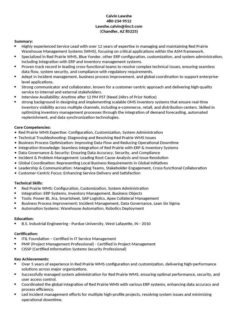 Calvin Lawshe IT Resume 2024 | PDF | Logistics | Enterprise Resource ...