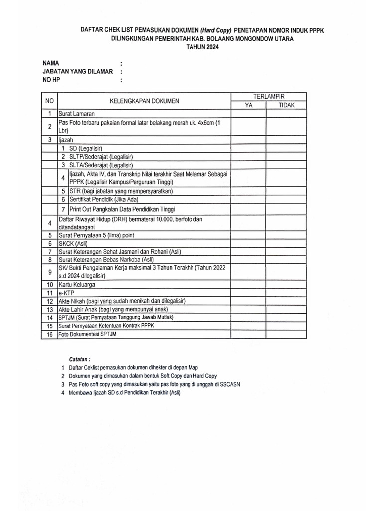 Daftar Chek List Pemasukan Dokumen PPPK | PDF