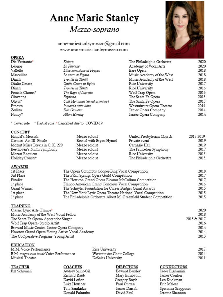 Anne Marie Stanley Résumé 2020 | PDF | Opera | Compositions