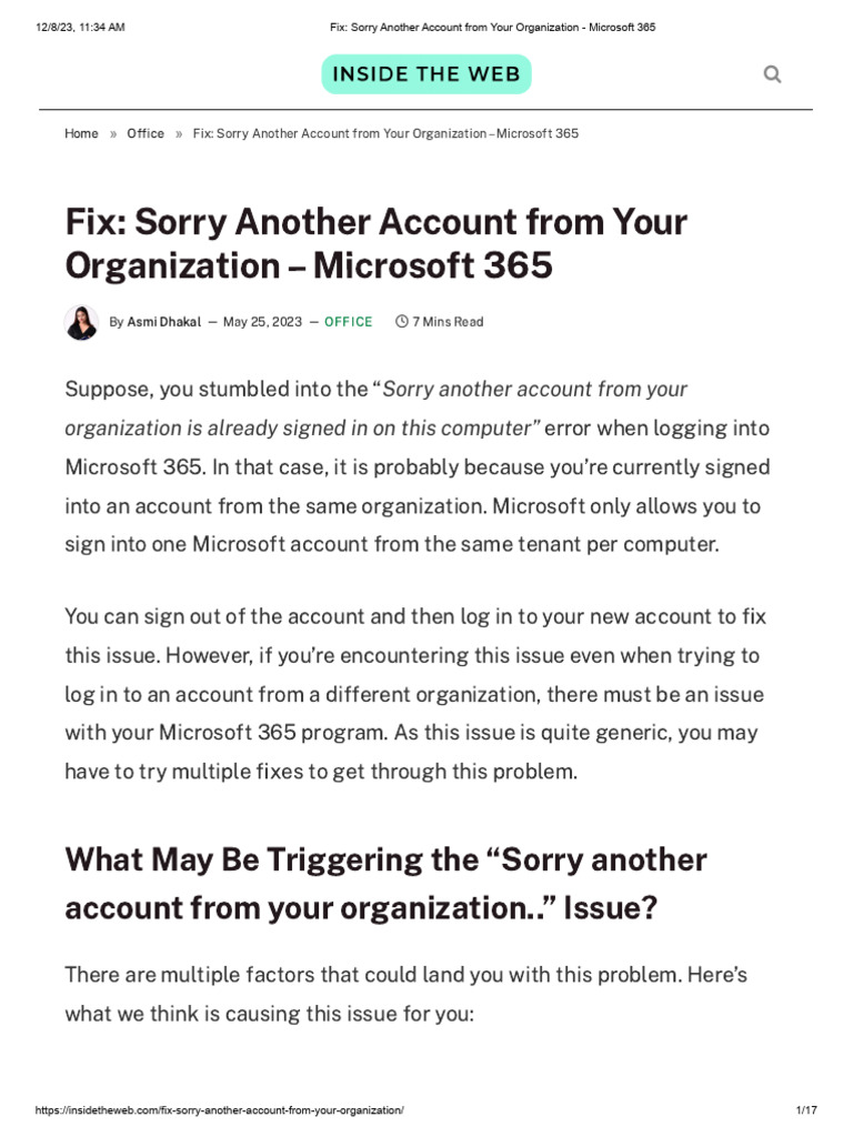 Fix - Sorry Another Account From Your Organization - Microsoft 365 ...
