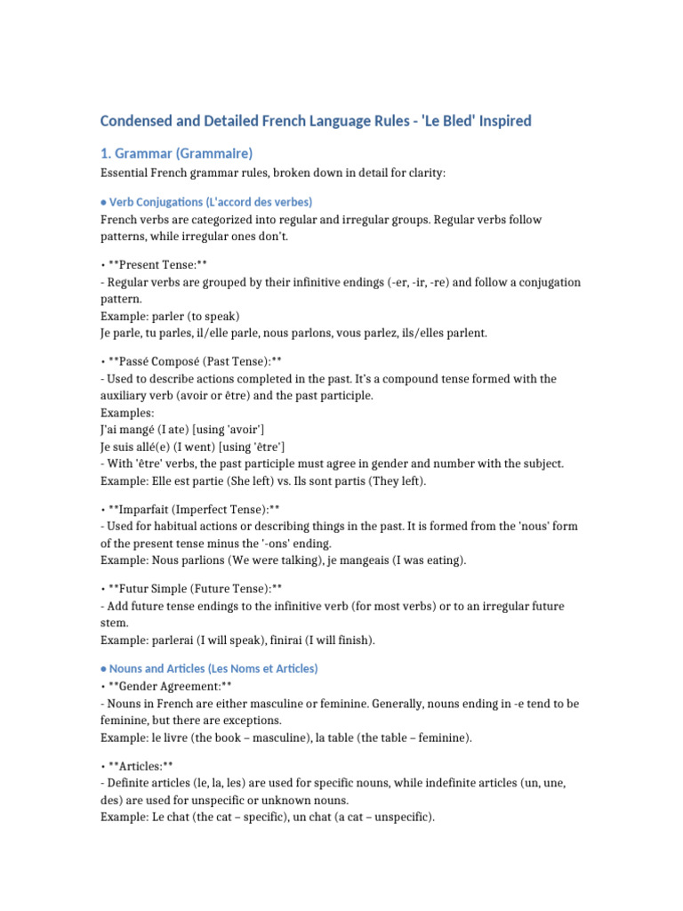 Condensed French Bled Rules | PDF | Grammatical Tense | Grammatical Gender