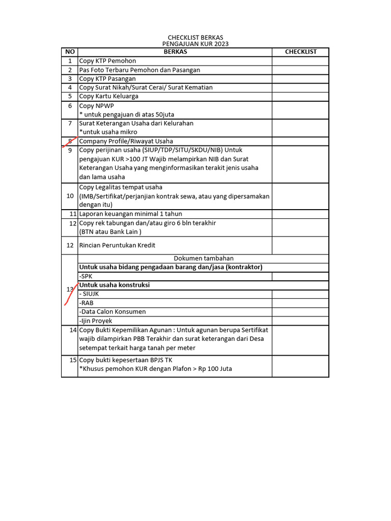 Checklist Pengajuan KUR 2023 | PDF