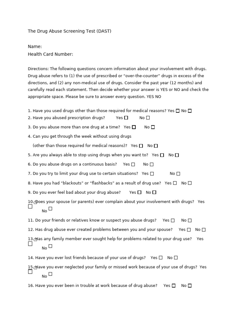DWI Self Assessment - DAST | PDF | Substance Abuse | Drugs