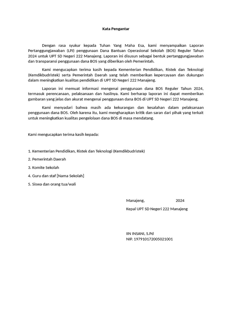 Kata Pengantar LPJ BOS | PDF