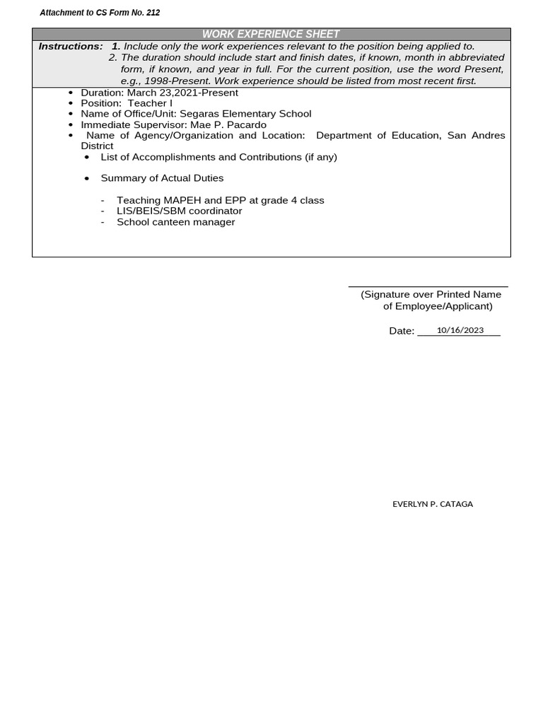 Catata e Ses Workexpsheet | PDF