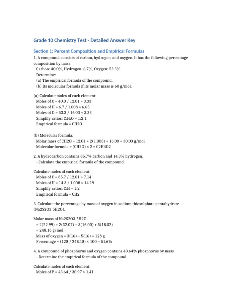 Grade 10 Chemistry Test Key | PDF | Mole (Unit) | Transition Metals