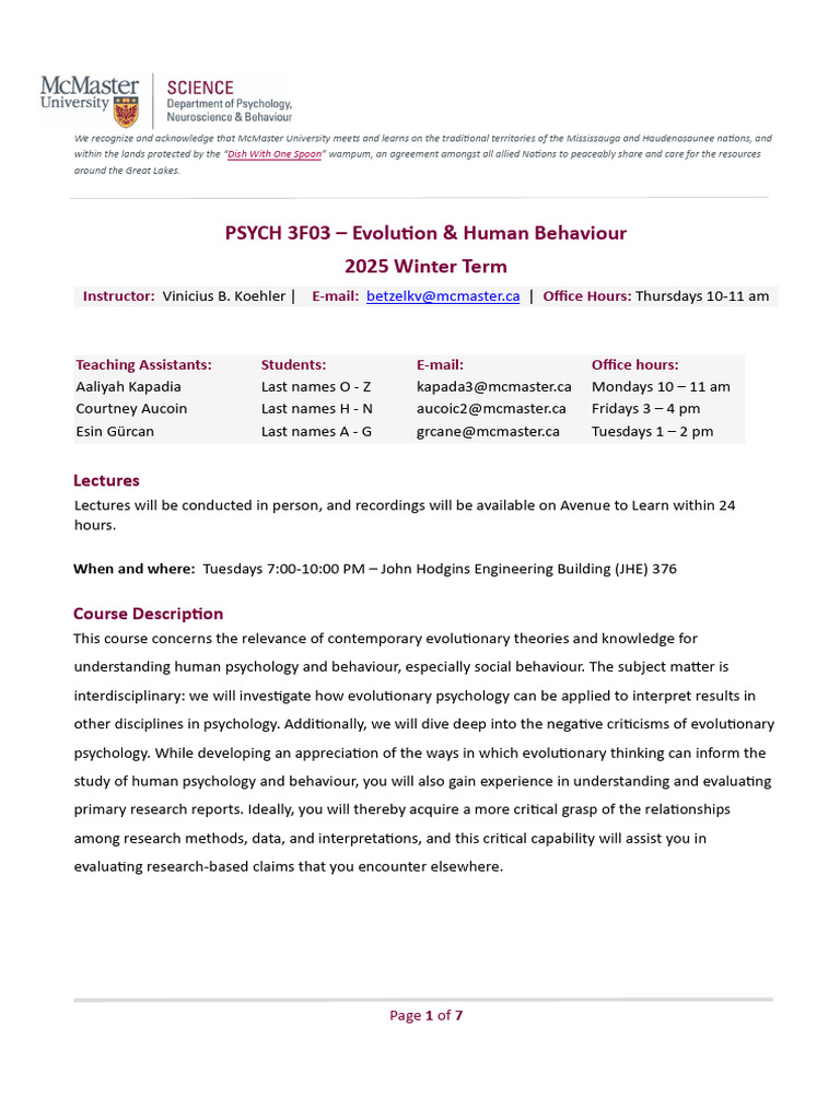 PSYCH 3F03: Evolution & Human Behavior | PDF | Academic Integrity | Academic Dishonesty