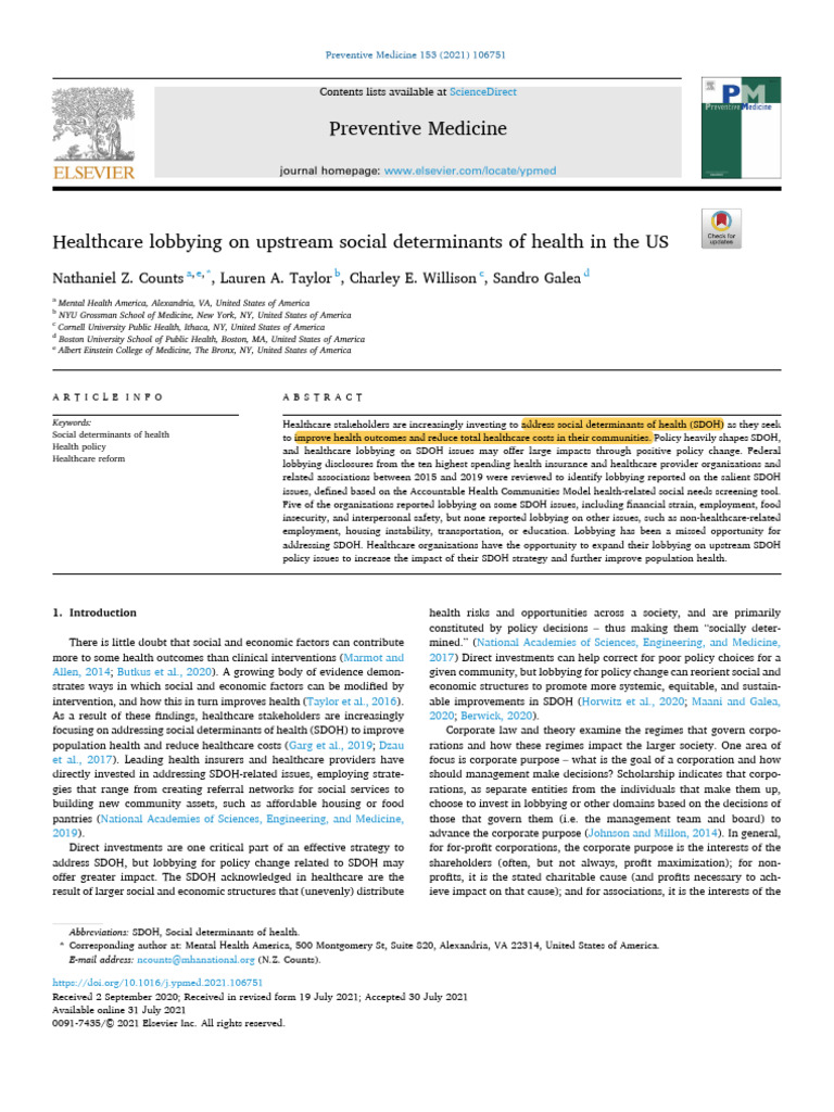 Healthcare Lobbying On Upstream Social Determinants of Health in The US ...