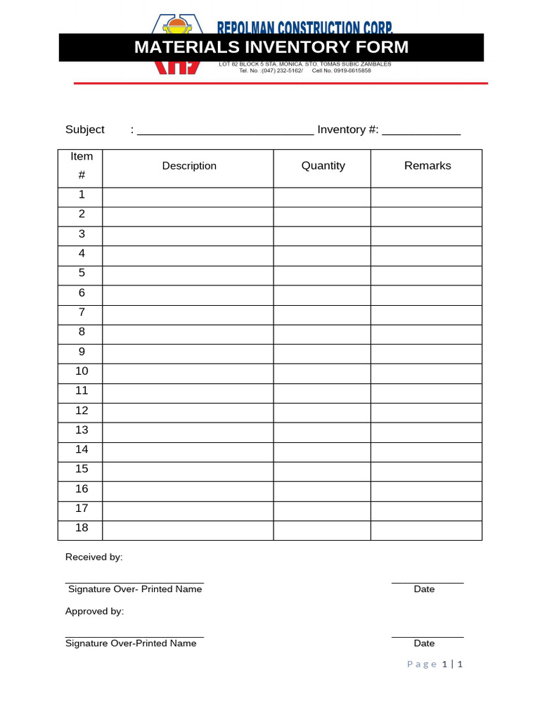 Materials Inventory Form For Pavillion Castillejos | PDF