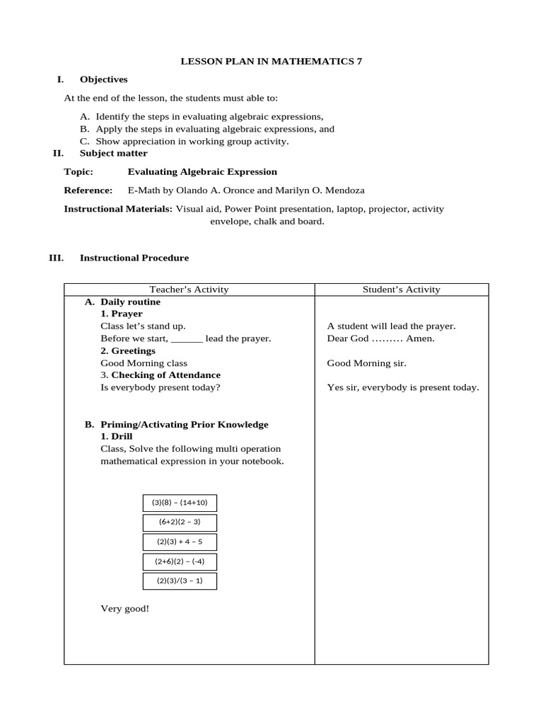Evaluating Algebraic Expressions Lesson | PDF | Equations | Algebra