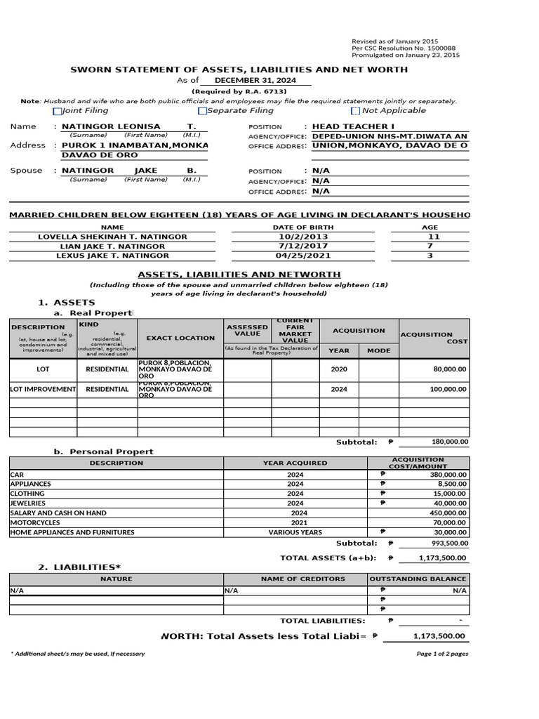 Saln Format 2025 Natingor | PDF | Financial Accounting