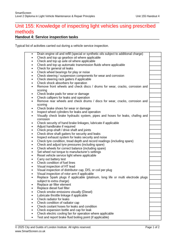 Vehicle Service Inspection Checklist | PDF | Brake | Leak