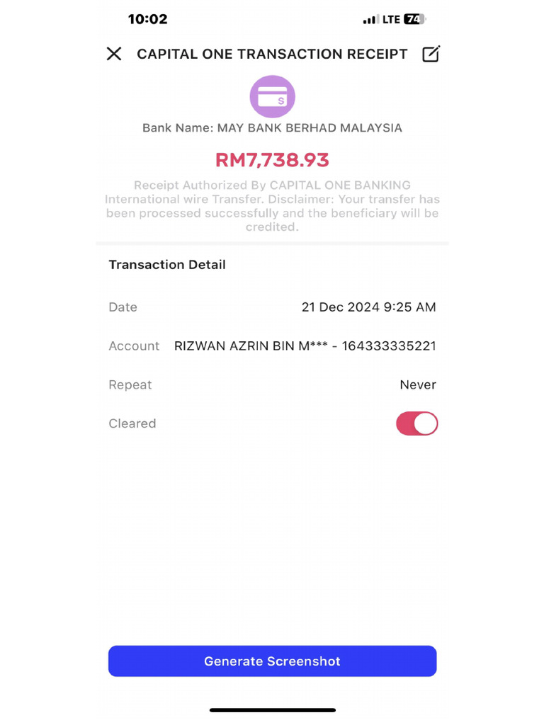 Capital One Bank Transfer Receipt ? | PDF