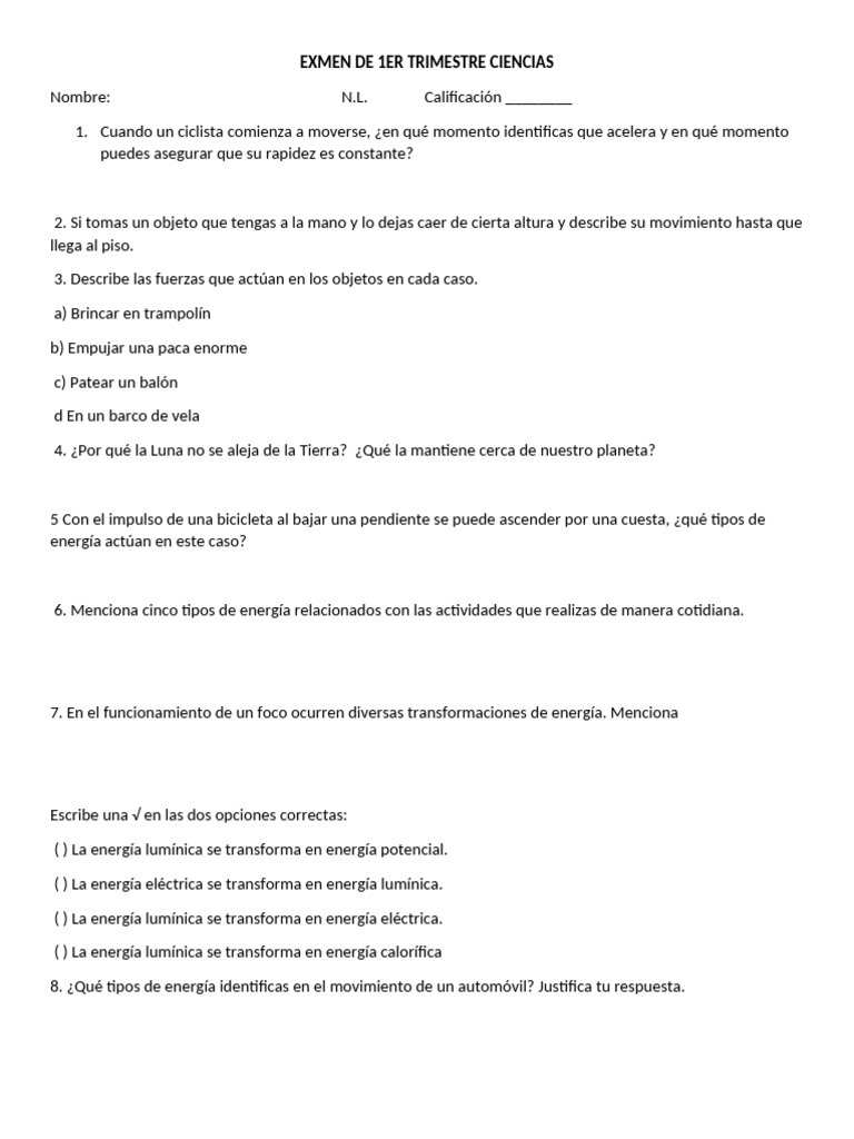 Exmen de 1er Trimestre Ciencias | PDF