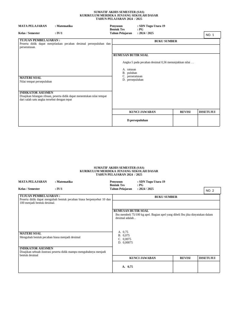 KARTU SAS_1 MATEMATIKA | PDF