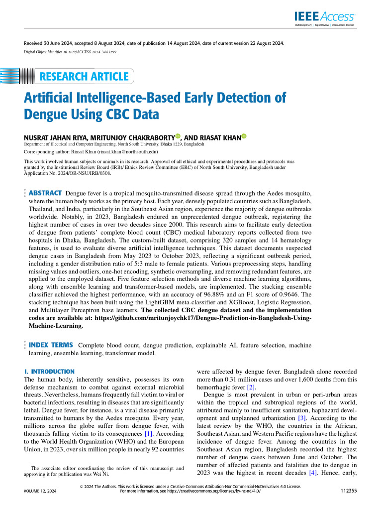 Artificial Intelligence Based Early Detection Of Dengue Using Cbc Data