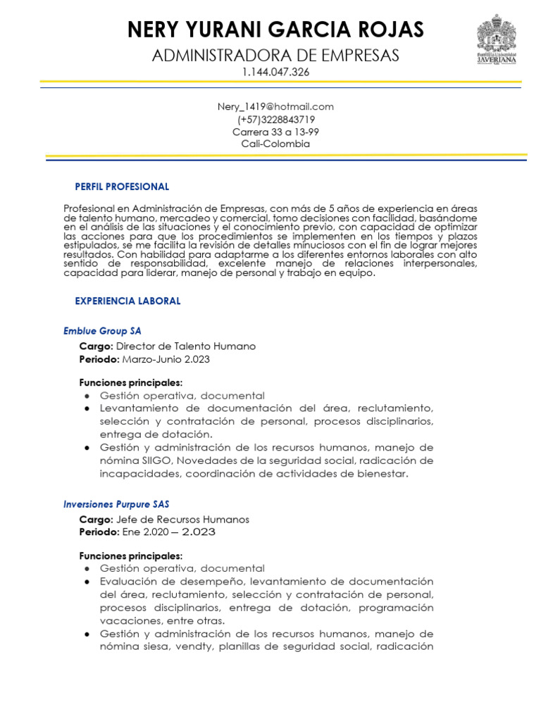 Nery Garcia Rojas-Hoja de Vida | PDF | Gestión de recursos humanos ...