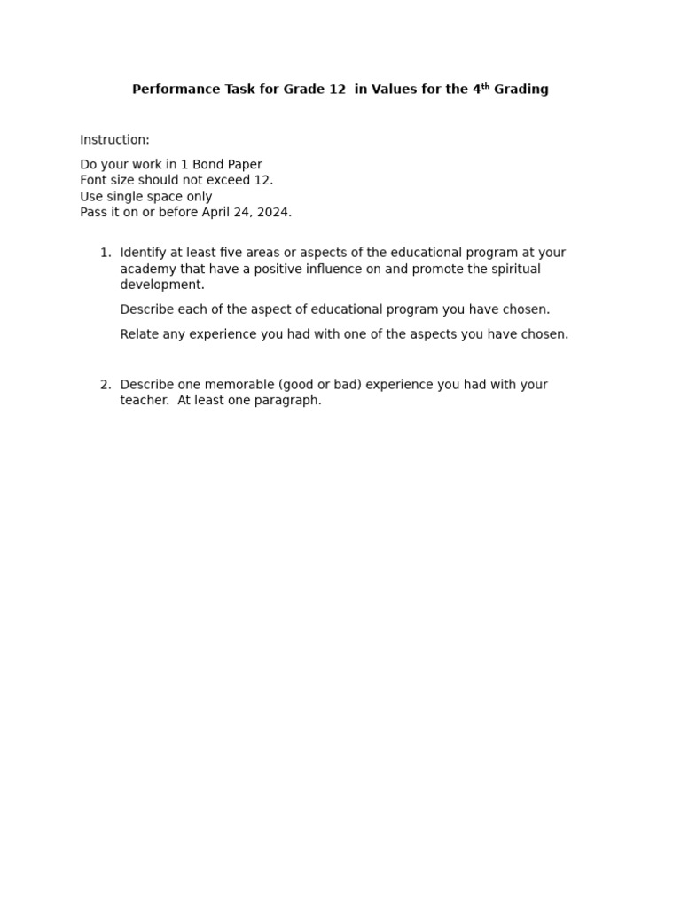 Performance Task For Grade 12 in Values For The 4th Grading | PDF