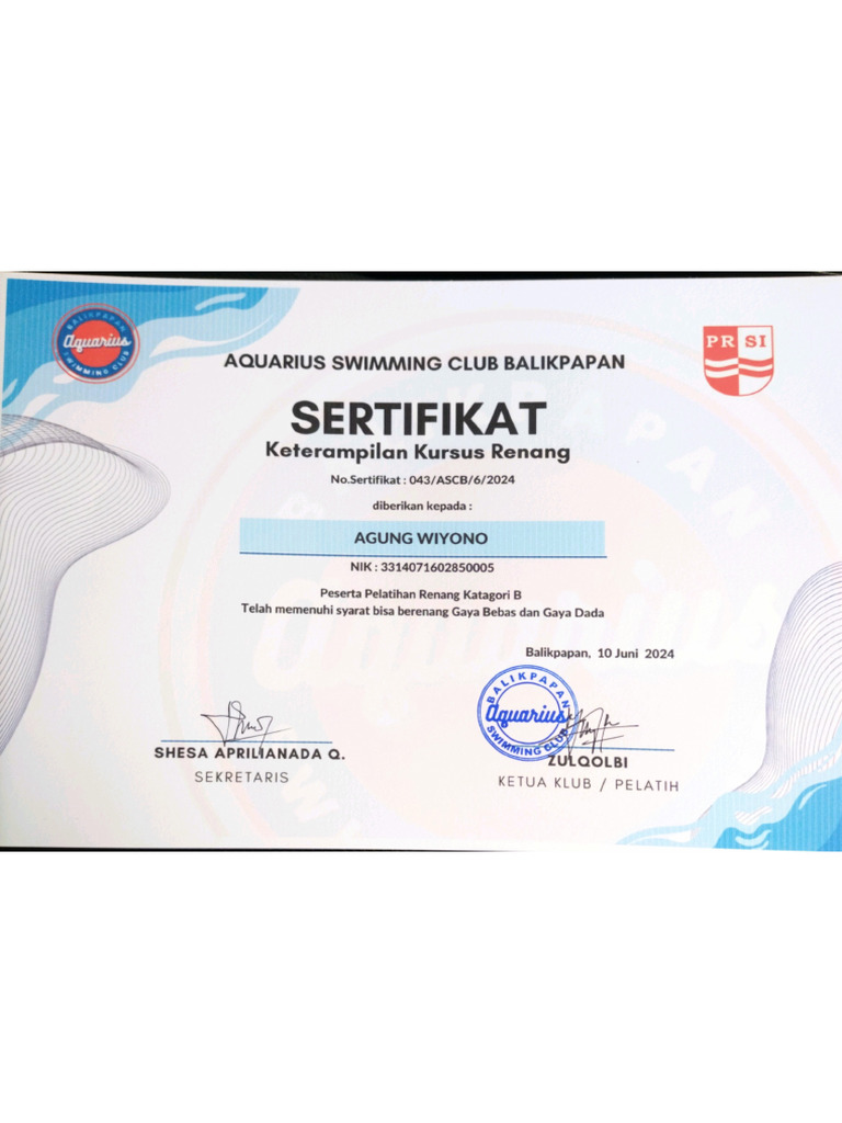 Sertifikat Renang - Agung Wiyono | PDF