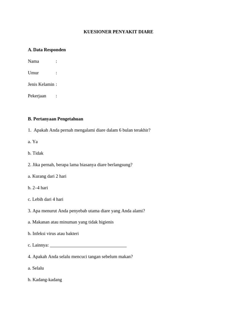 KUESIONER PENYAKIT DIARE | PDF