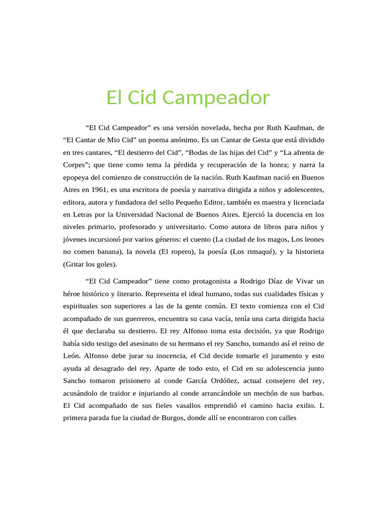 "El Cid Campeador" Es Una Versión Novelada, Hecha Por Ruth Kaufman, de ...