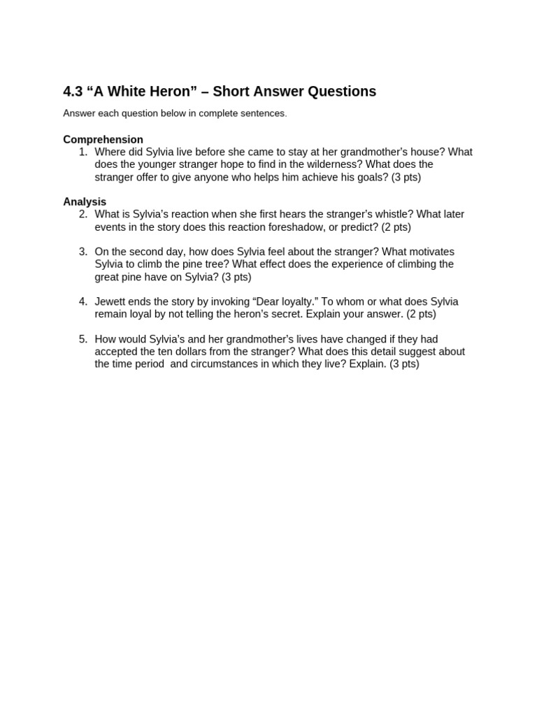 4.3 A White Heron - Short Answer Questions | PDF