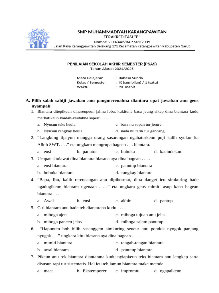 Soal PSAS 1 Bahasa Sunda Kelas IX SMPM 2024-2025 1 | PDF