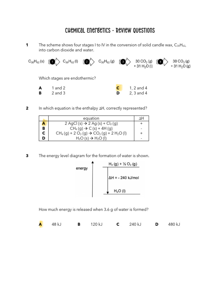 Chemical Energetics Review Questions | PDF | Chemical Reactions ...