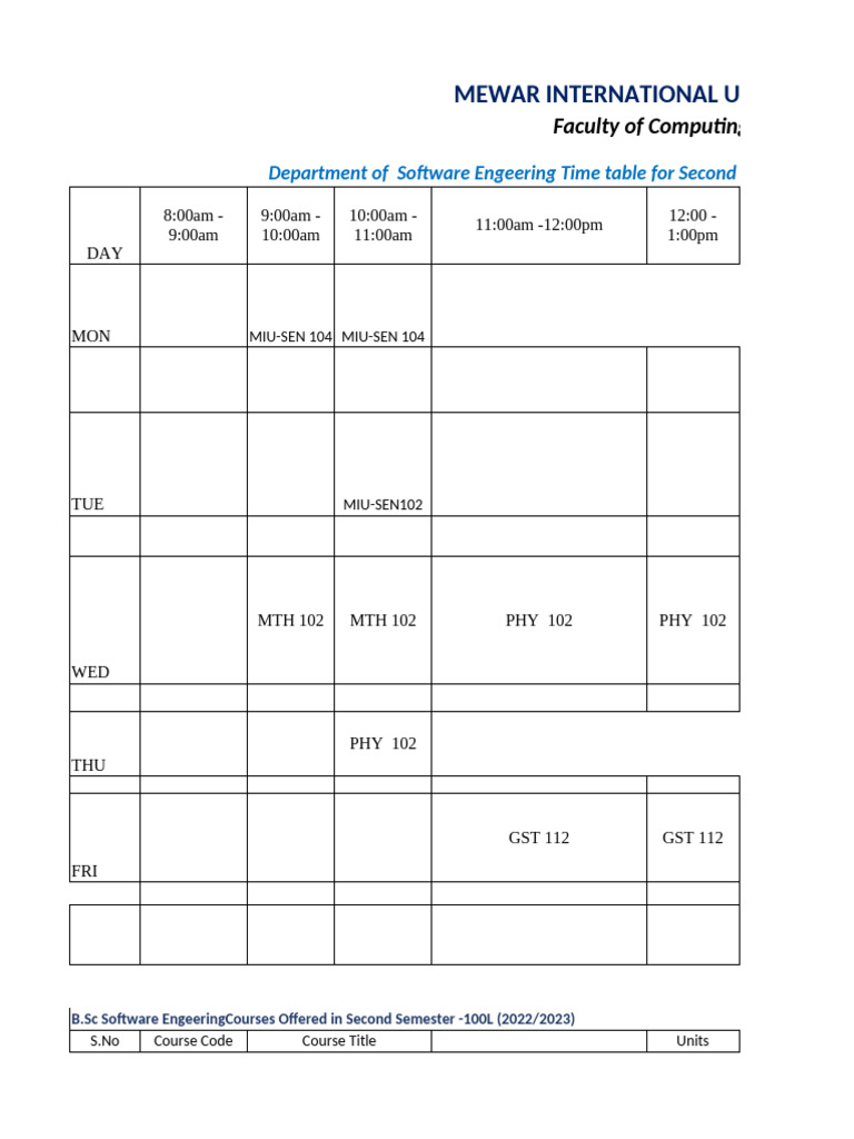 Time Table Miu Foc-100l 2nd 2024-2025 | PDF | Computer Science ...