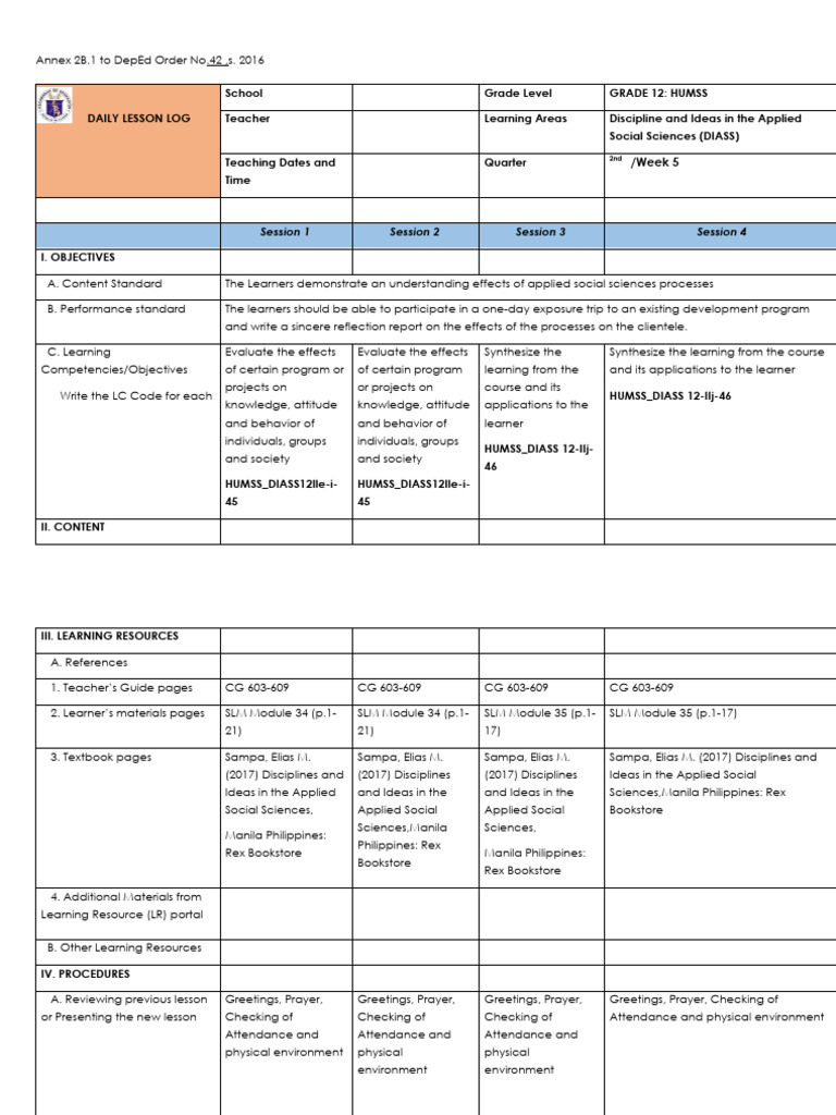 q2 w5 Diass g12 Shs DLL | PDF | Learning | Teachers