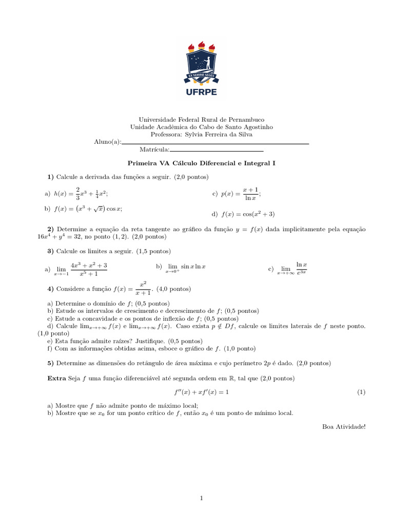 Prova C Lculo 1 1 (1) | PDF | Derivado | Cálculo