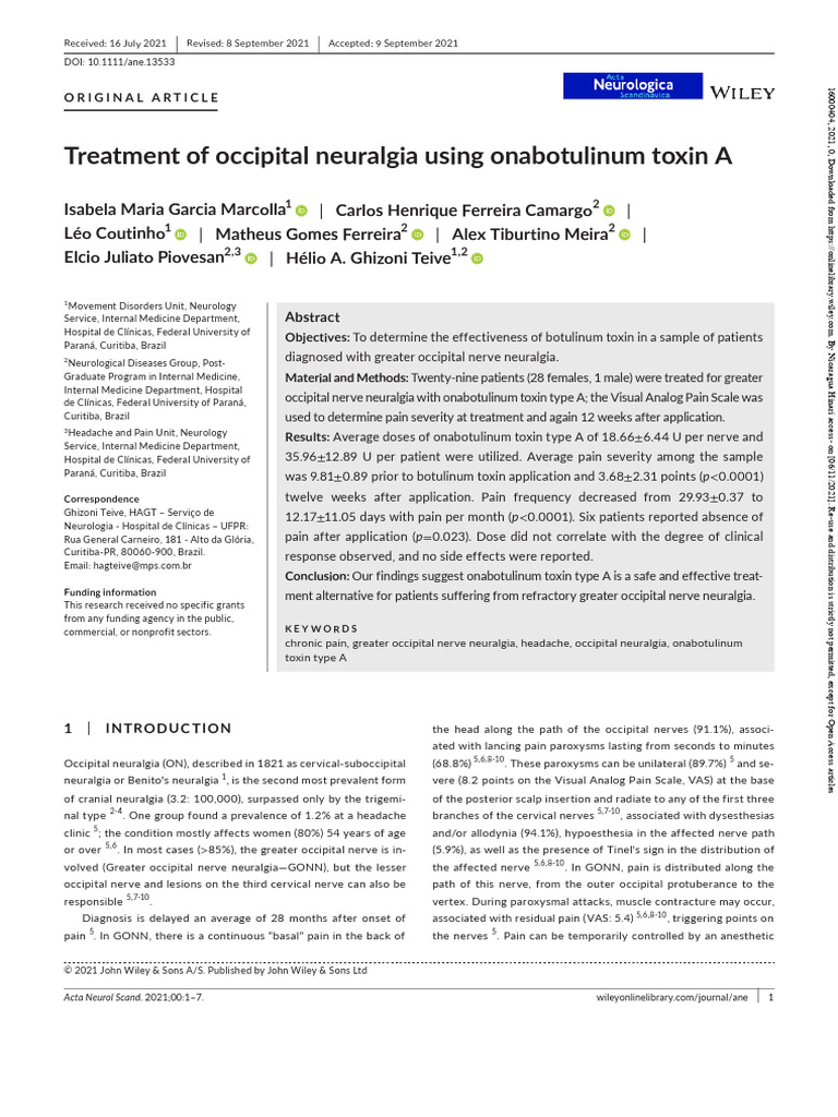 Botulinum Toxin for Occipital Neuralgia | PDF | Dystonia | Analgesic