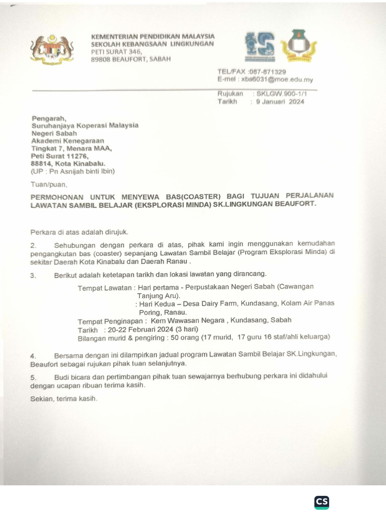 Permohonan Sewa Bas (Coaster) SK Lingkungan Beaufort | PDF