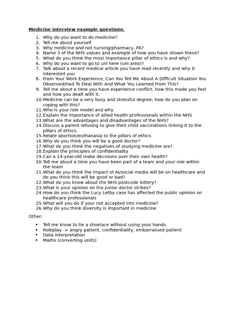 Medicine Interview Example Questions | PDF