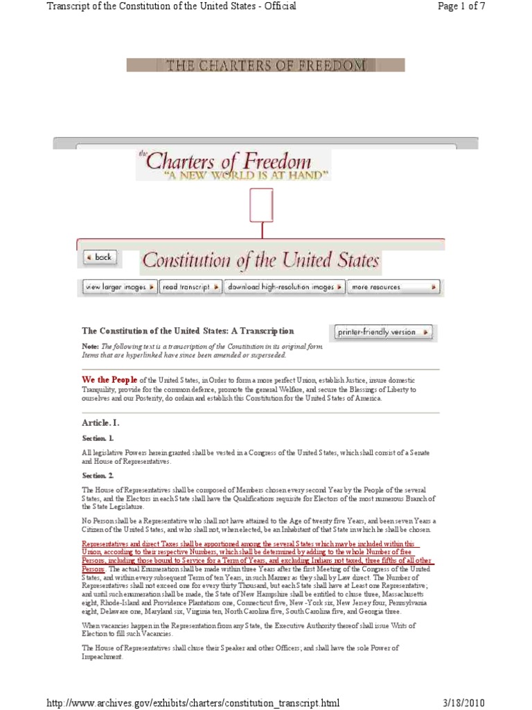 Constitution of The United States - Official Transcript | PDF | U.S ...